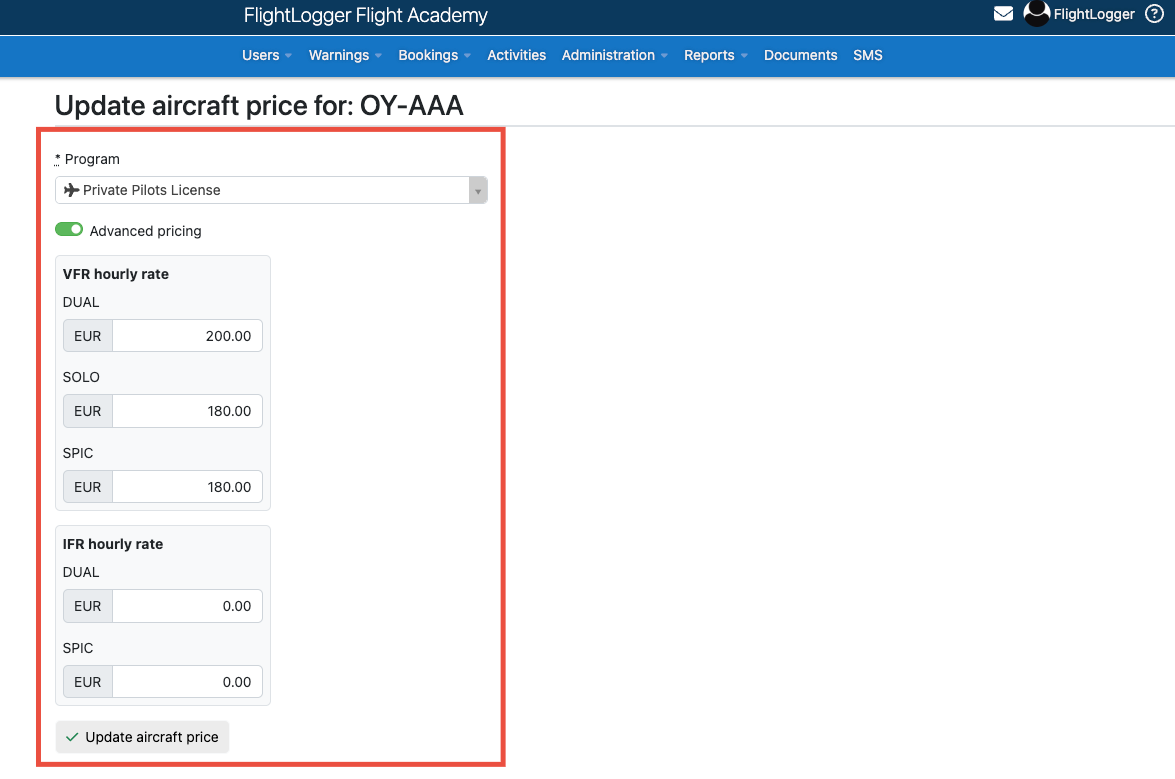 Setting up aircraft pricing